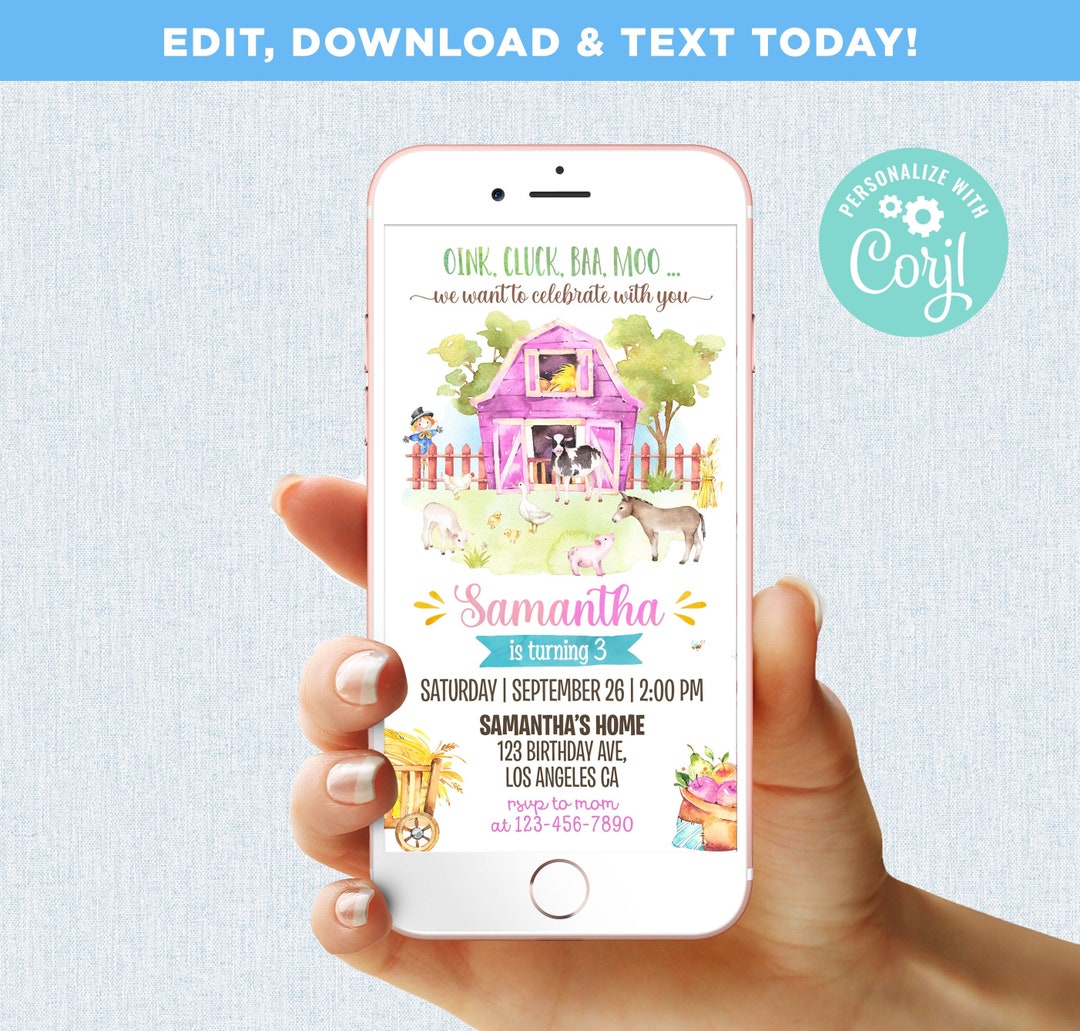 Farm Birthday Invitation Boy Barn Party Digital Mobile Phone Electronic ...