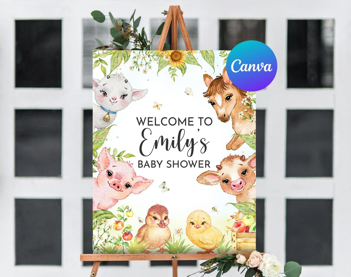 Farm Animals Baby Shower Welcome Sign Cute Barn Animals Ranch Greenery ...