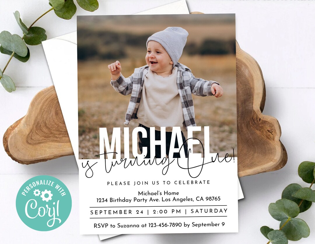 Boy First Birthday Invitation With Picture Modern Minimalist 1st ...