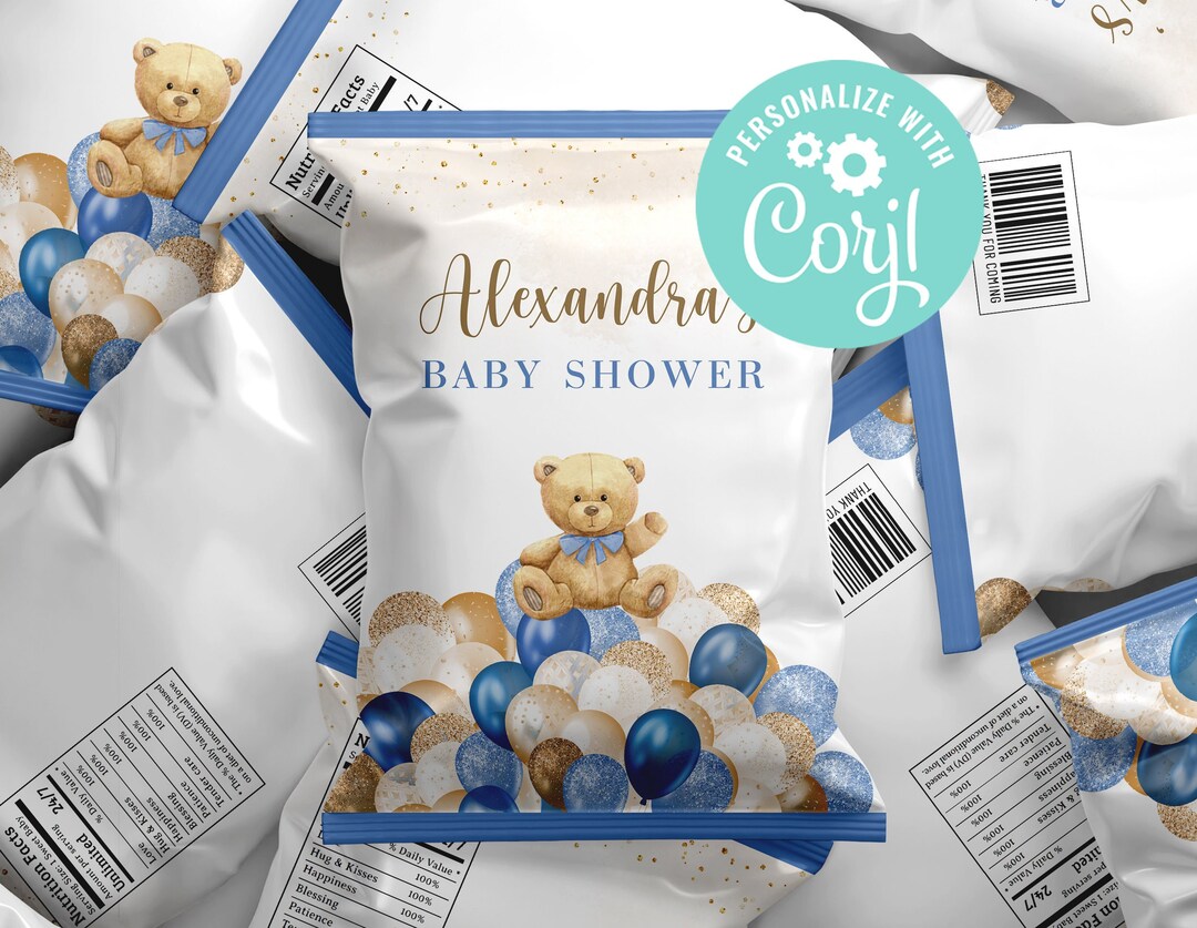 Baby Shower Boy Chip Bags Teddy Bear Balloon We Can Bearly Wait Baby ...