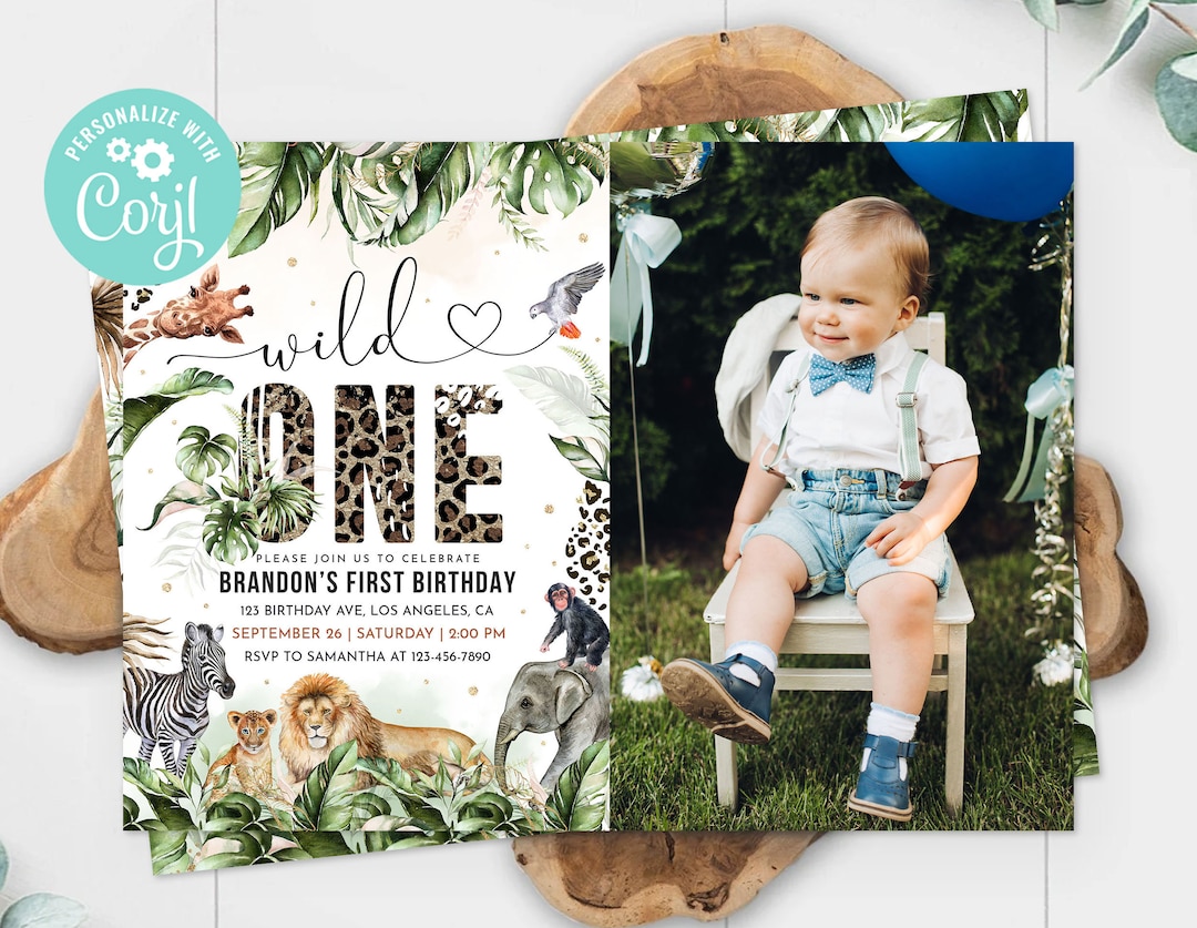 Wild One First Birthday Invitation Card Photo Picture Lion Jungle ...
