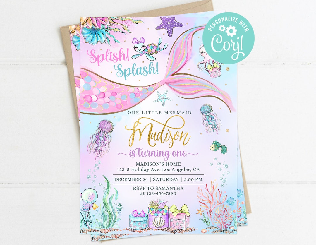 Mermaid First Birthday Invitation Girl Mermaid Tail Ocean Life Under ...