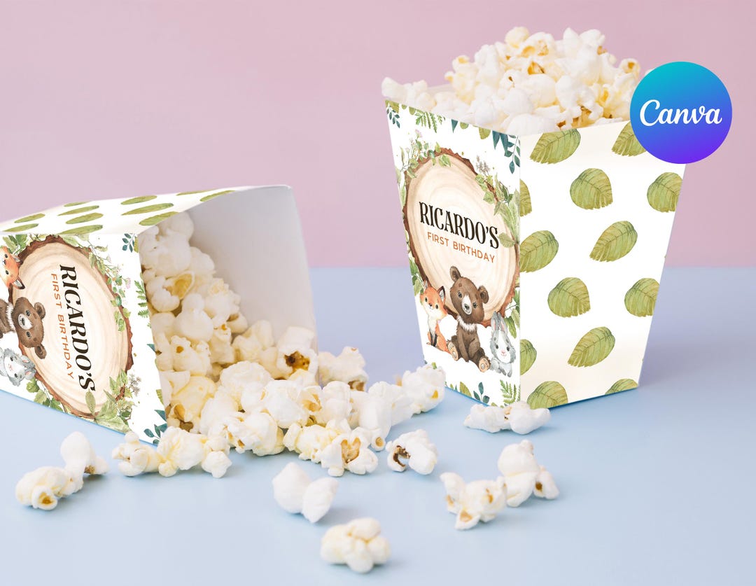 Woodland Animals First Birthday Popcorn Bags Party Animals Popcorn Box ...