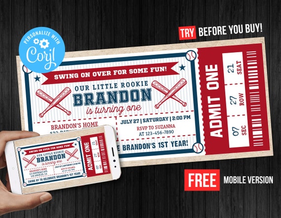 Baseball Ticket Birthday Invitation Sports Party Invite Ticket - Etsy