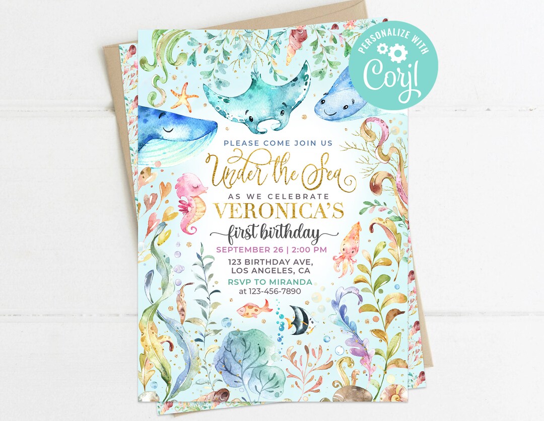 Under the Sea First Birthday Invitation Girl Ocean Life Animals Party ...