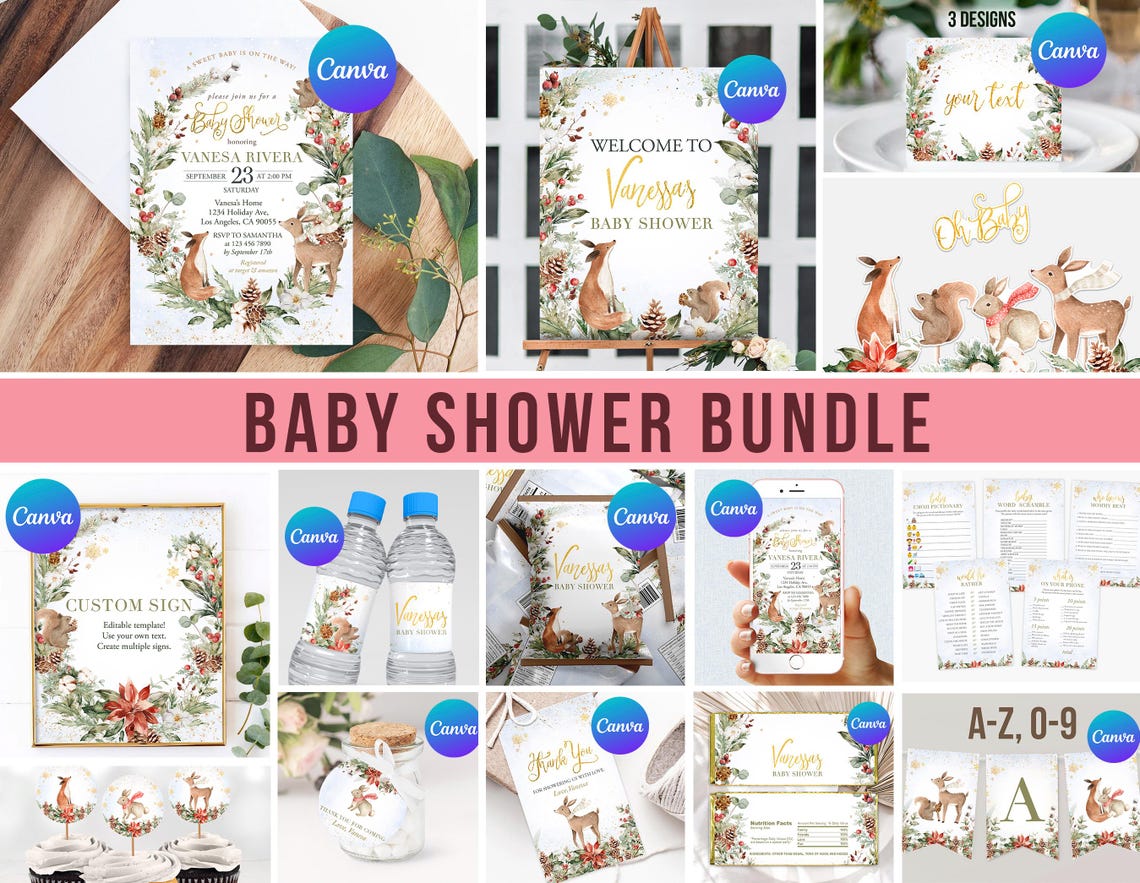 Woodland Animals Baby Shower Party Decorations Bundle Winter Greenery ...