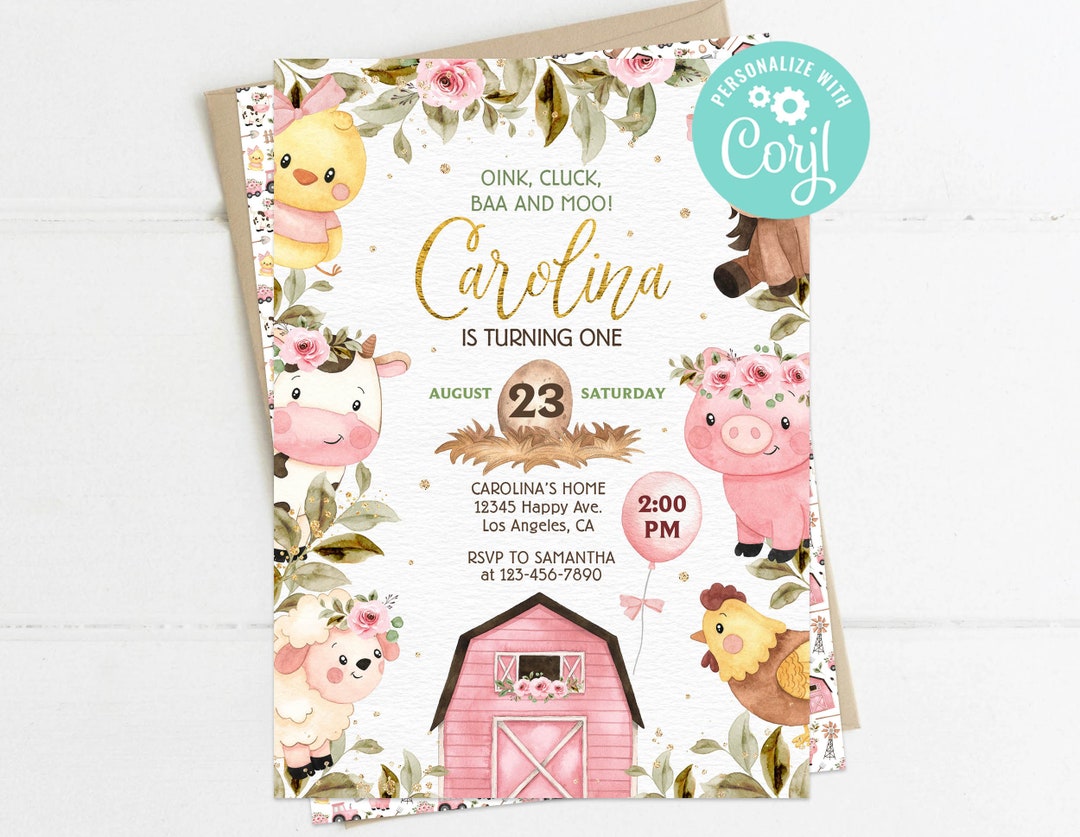 Farm First Birthday Invitation Girl Pink Floral Barnyard Animals Party ...