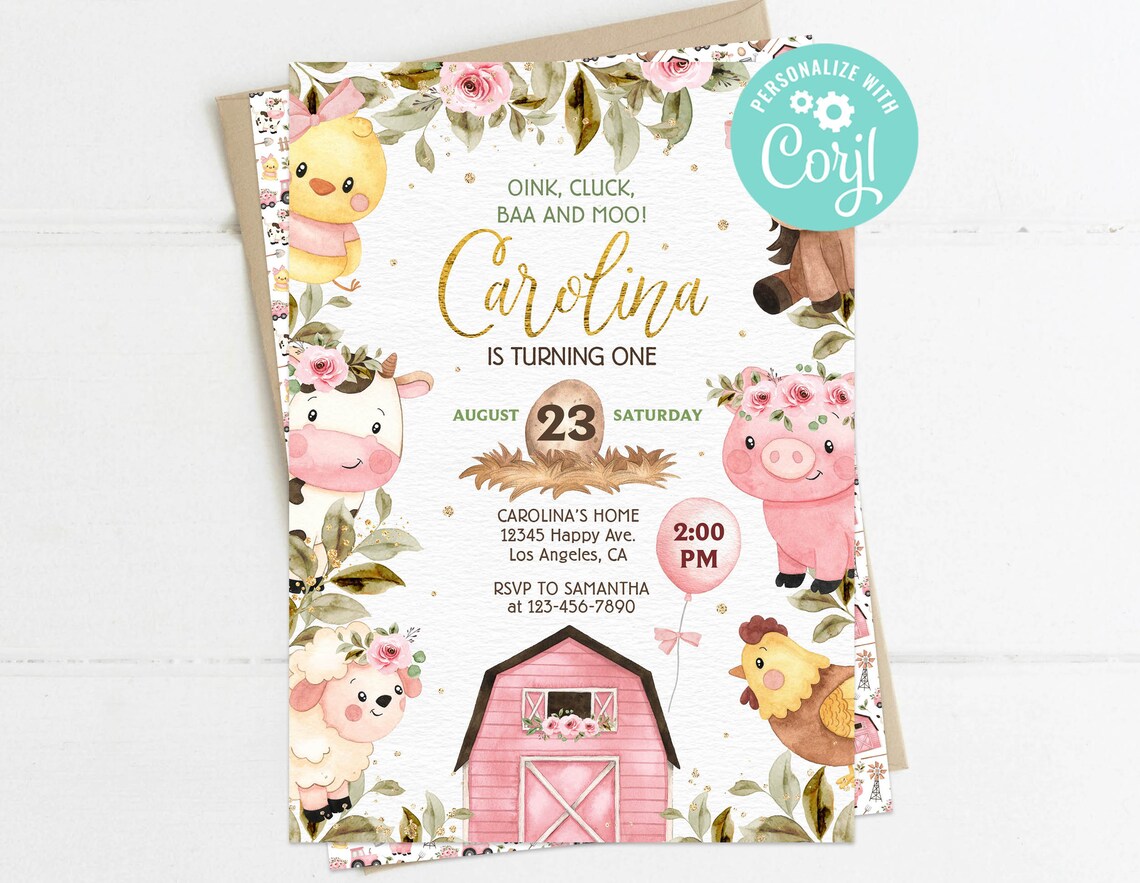 Farm First Birthday Invitation Girl Pink Floral Barnyard - Etsy
