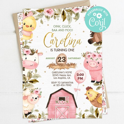 Farm First Birthday Invitation Girl Pink Floral Barnyard - Etsy
