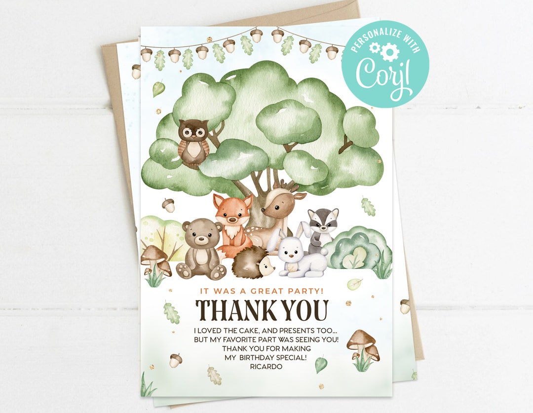 Party Animals Thank You Card Woodland Animals First Birthday Cute Cubs ...