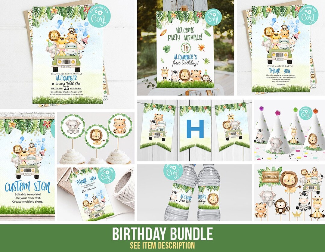 Safari First Birthday Party Decorations Bundle Wild Jungle Party ...