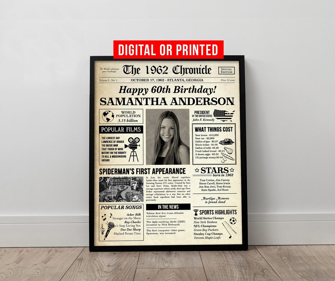 Back in 1964 60th Birthday Newspaper Poster Sign Printable Board 60 ...
