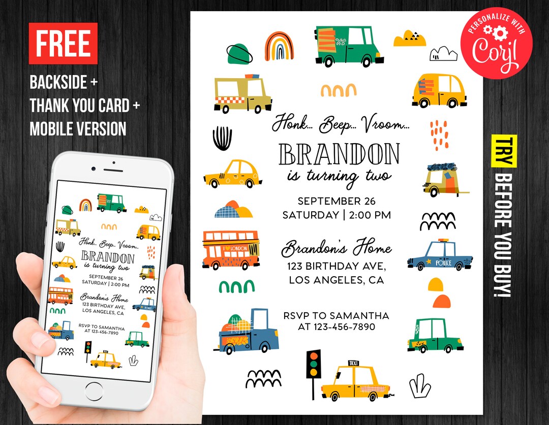Transportation Birthday Invitation Mobile Electronic Evite ...