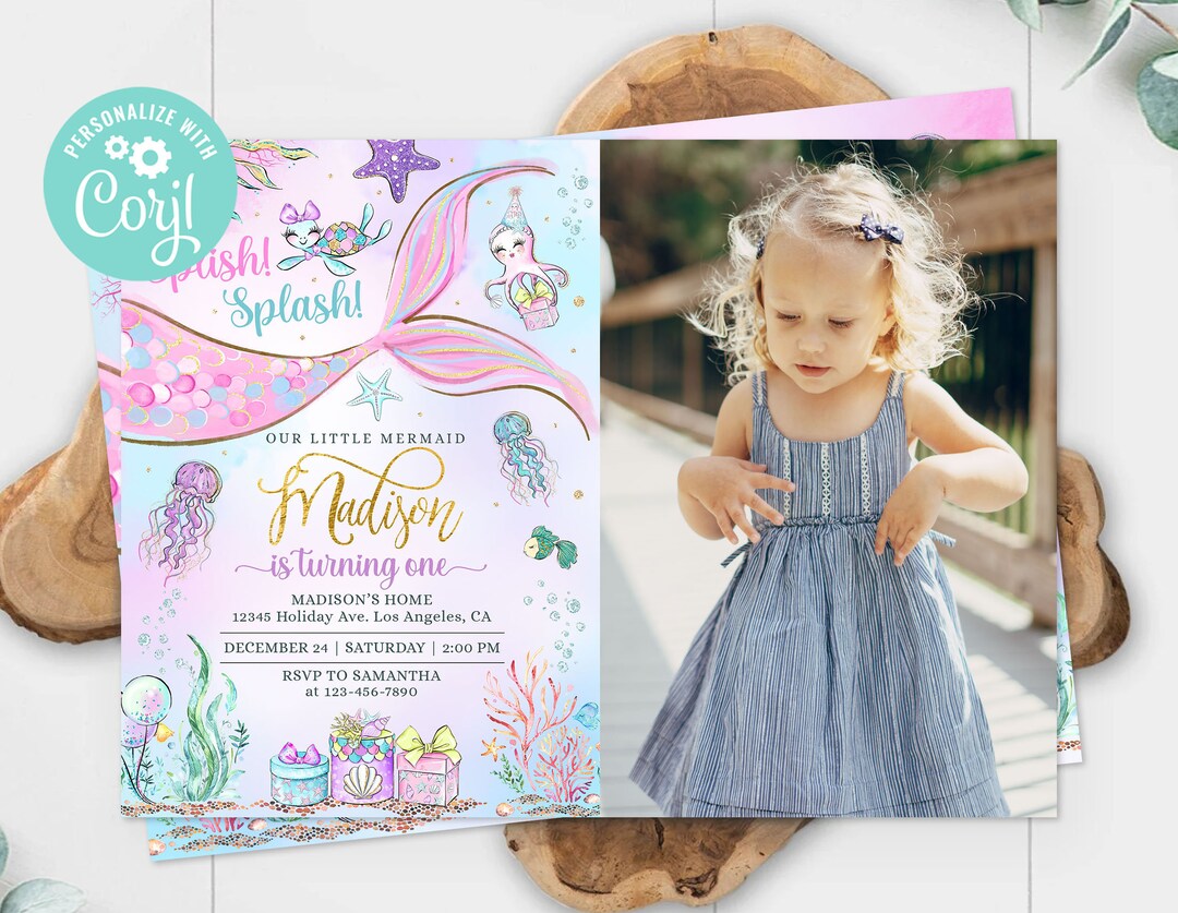Mermaid Birthday Invitation Card Photo Picture Girl Mermaid Tail Ocean ...