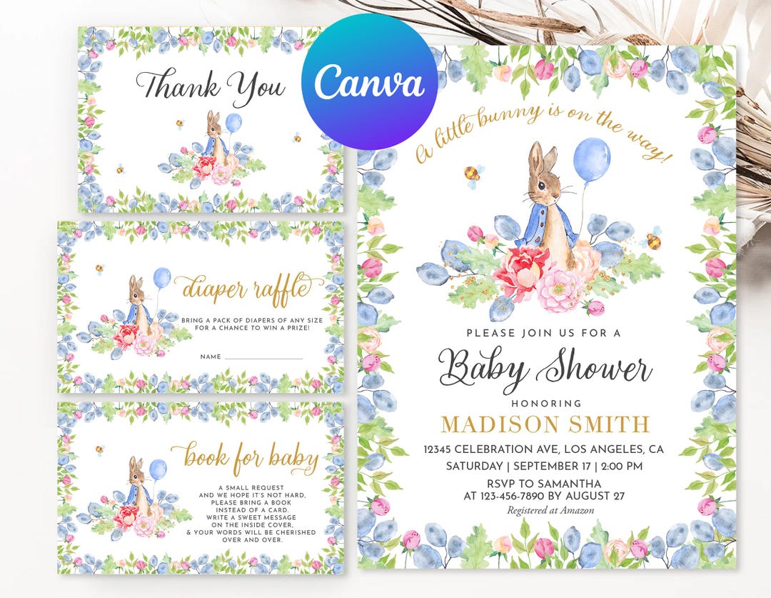 Peter Rabbit Baby Shower Invitation Bunny is on the Way Floral Greenery ...