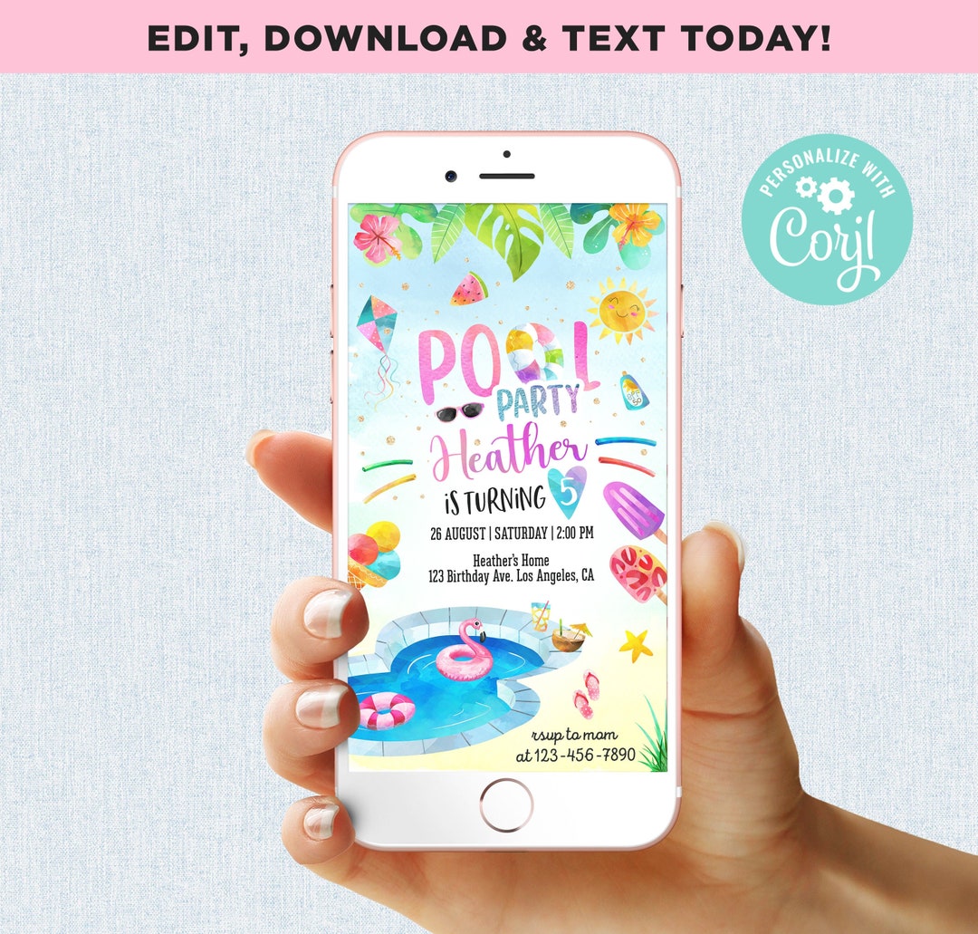 Swimming Pool Party Birthday Invitation Girl Digital Mobile Phone ...
