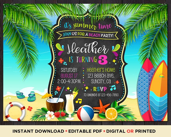 Beach Party Birthday Invitations Girl Printable Ocean Surfer - Etsy