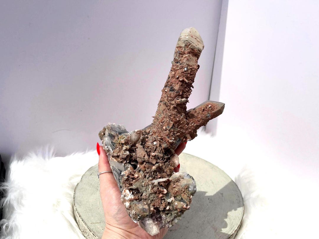 Elestial Smoky Candle Quartz Crystal Cluster With Petal Calcite Frosted ...