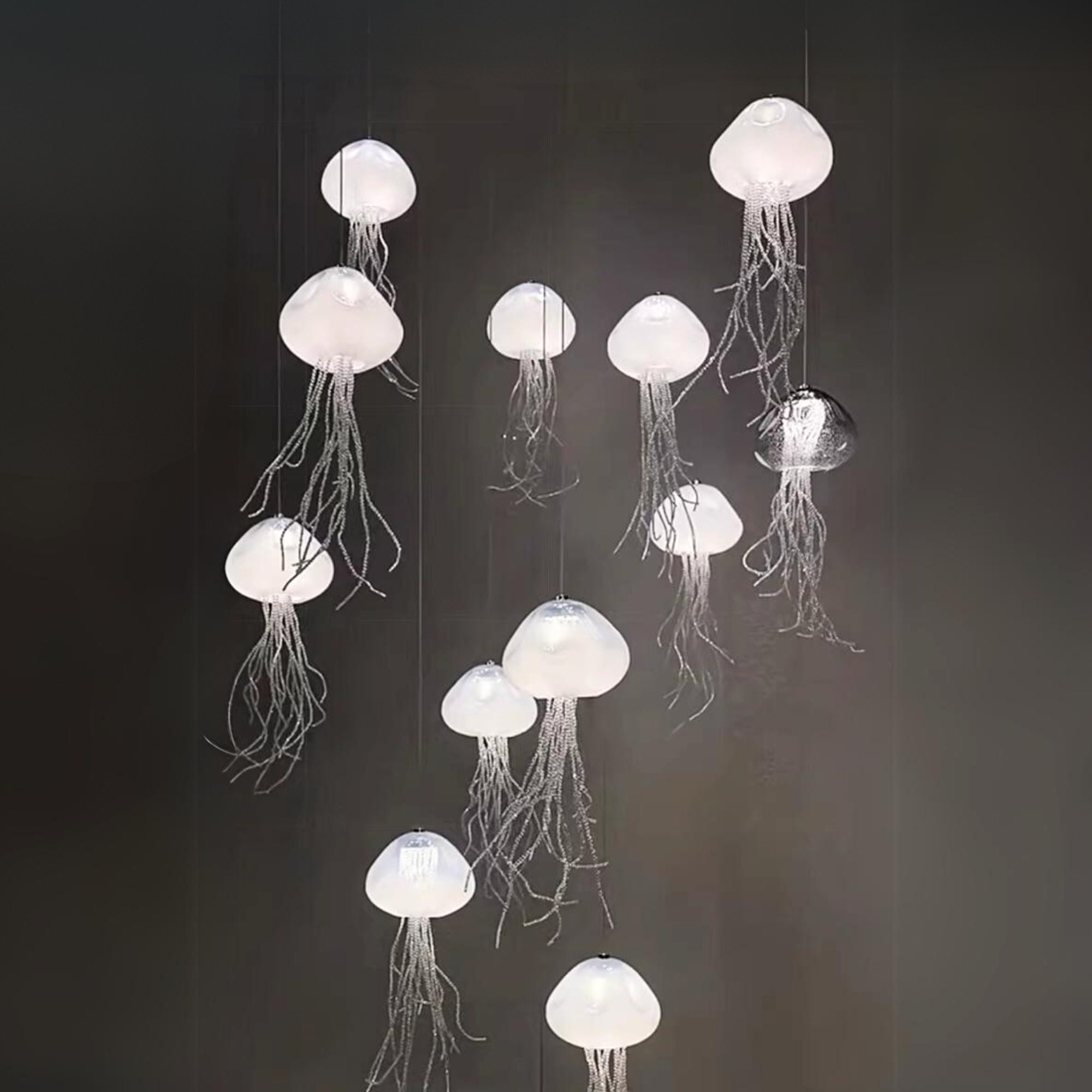 Jellyfish Glass Pendant Light: Modern LED Chandelier, Green & White - Etsy