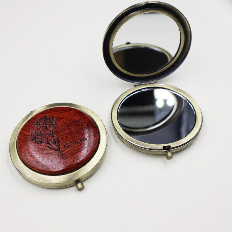 Personalized Engraved Wooden Compact Mirror,birth Flowers Engraved ...