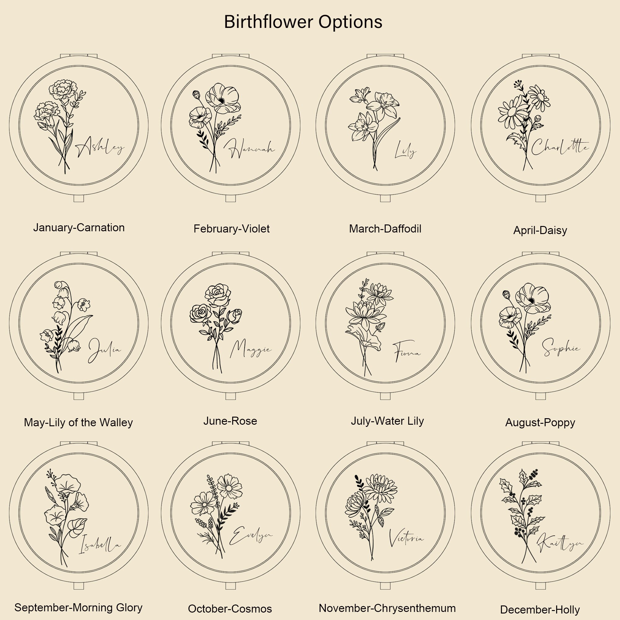 Personalized Engraved Wooden Compact Mirror,birth Flowers Engraved ...