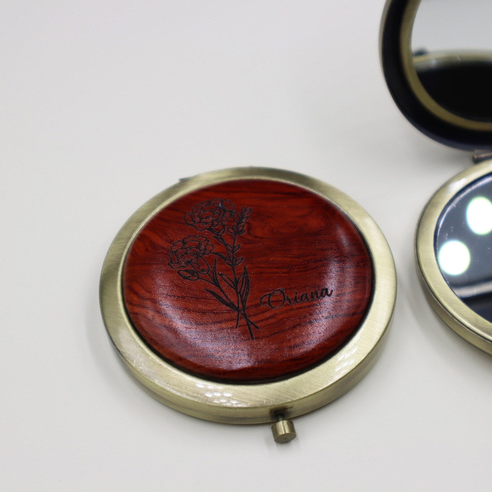 Personalized Engraved Wooden Compact Mirror,birth Flowers Engraved ...