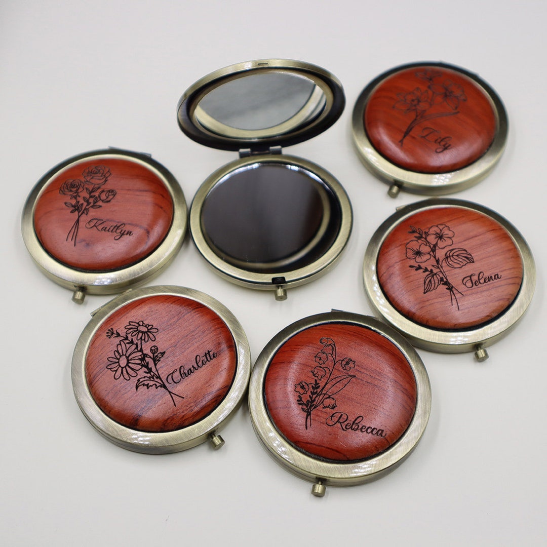 Personalized Engraved Wooden Compact Mirror,birth Flowers Engraved ...