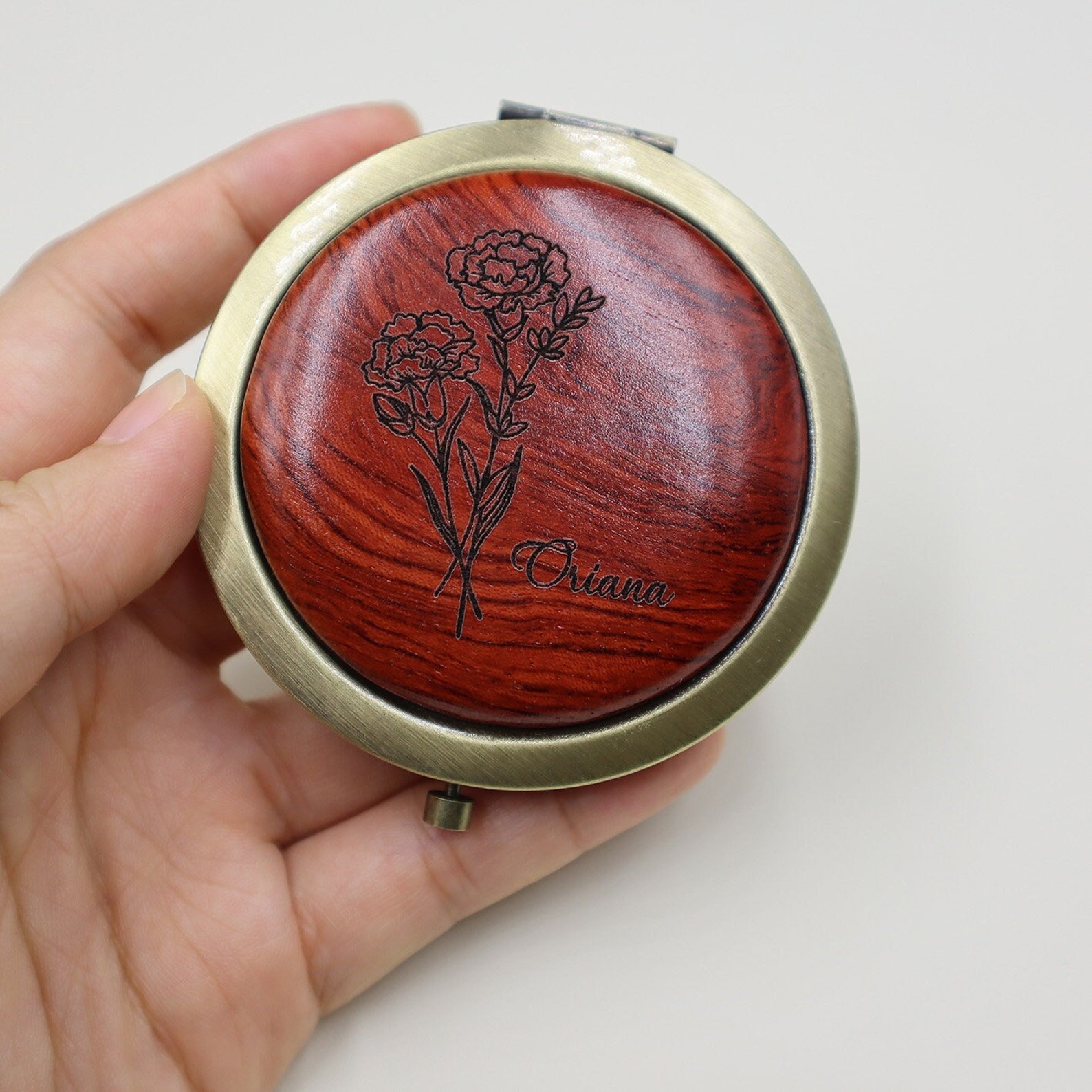 Personalized Engraved Wooden Compact Mirror,birth Flowers Engraved ...