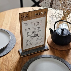 A5 Size Wood and Acrylic Menu Stand, Tabletop Menu, Menu With Logo ...