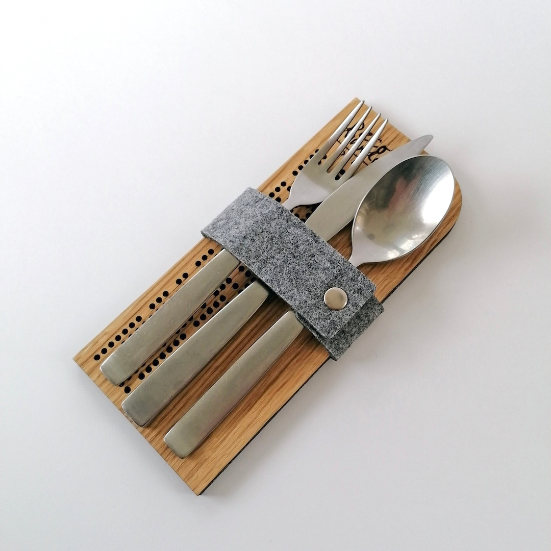 Stylish Wood and Felt Cutlery Holder With Snap Fastener, Engraved ...
