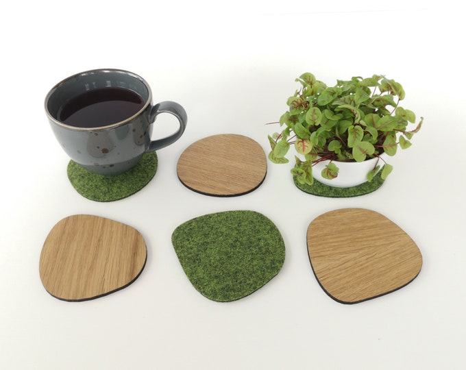 Oval Shape Green Felt and Oak Wood Coasters Set of 6, Table Gift Idea ...
