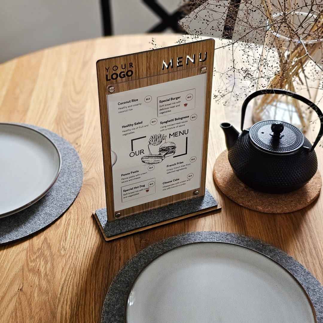 A5 Size Wood and Acrylic Menu Stand, Tabletop Menu, Menu With Logo ...