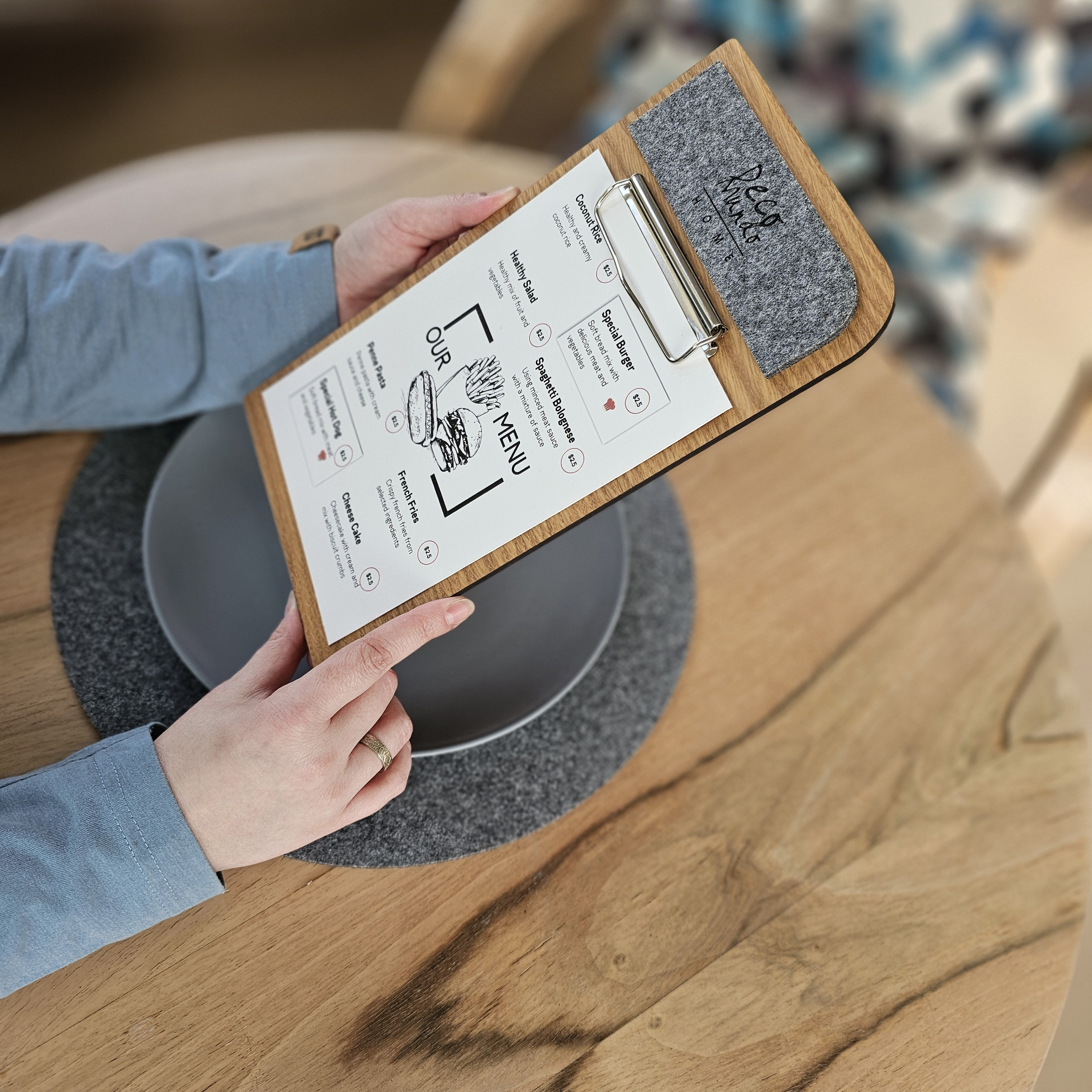 Wooden Menu Holder for Horeca, Oak Plywood and Felt Clipboard Menu ...