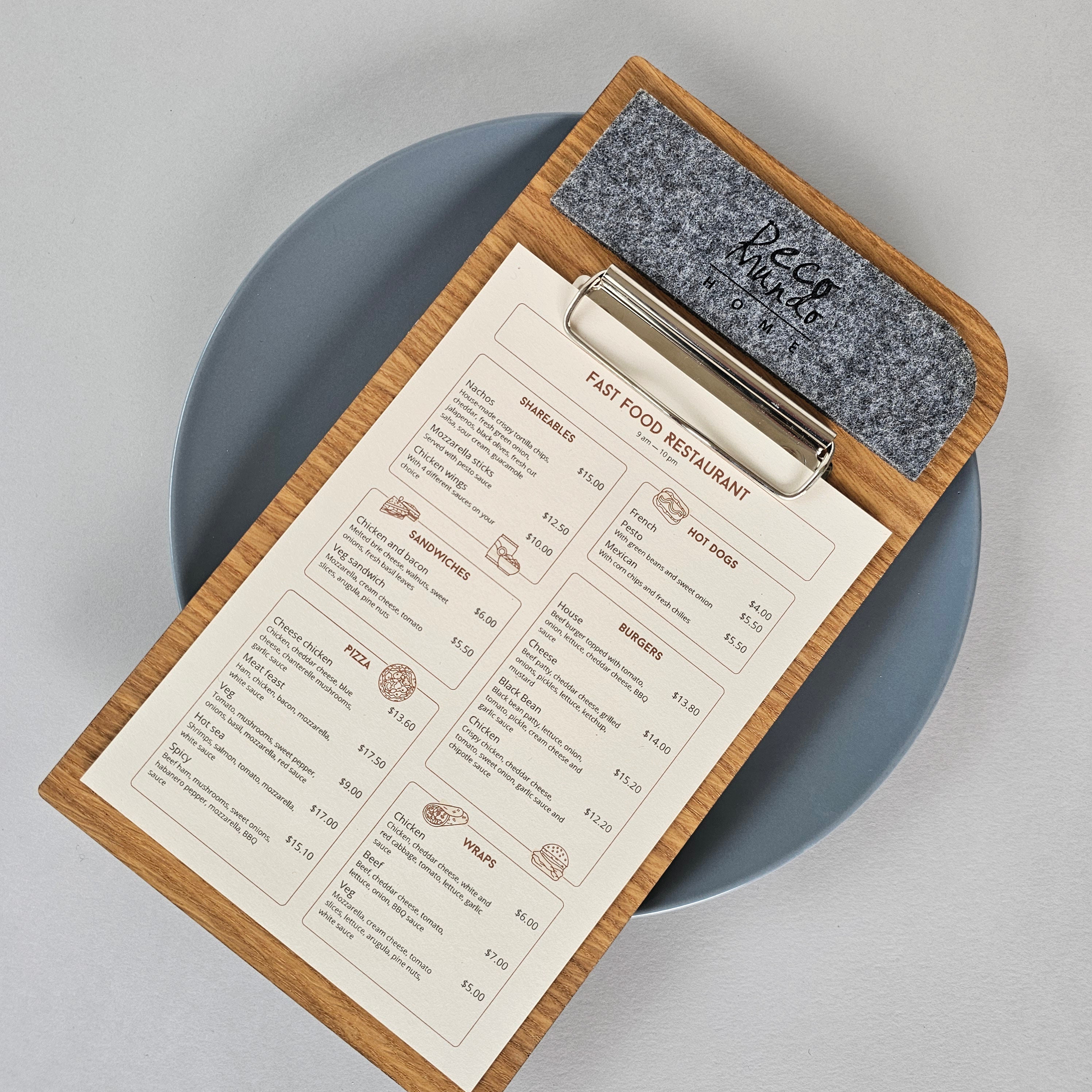 Wooden Menu Holder for Horeca, Oak Plywood and Felt Clipboard Menu ...