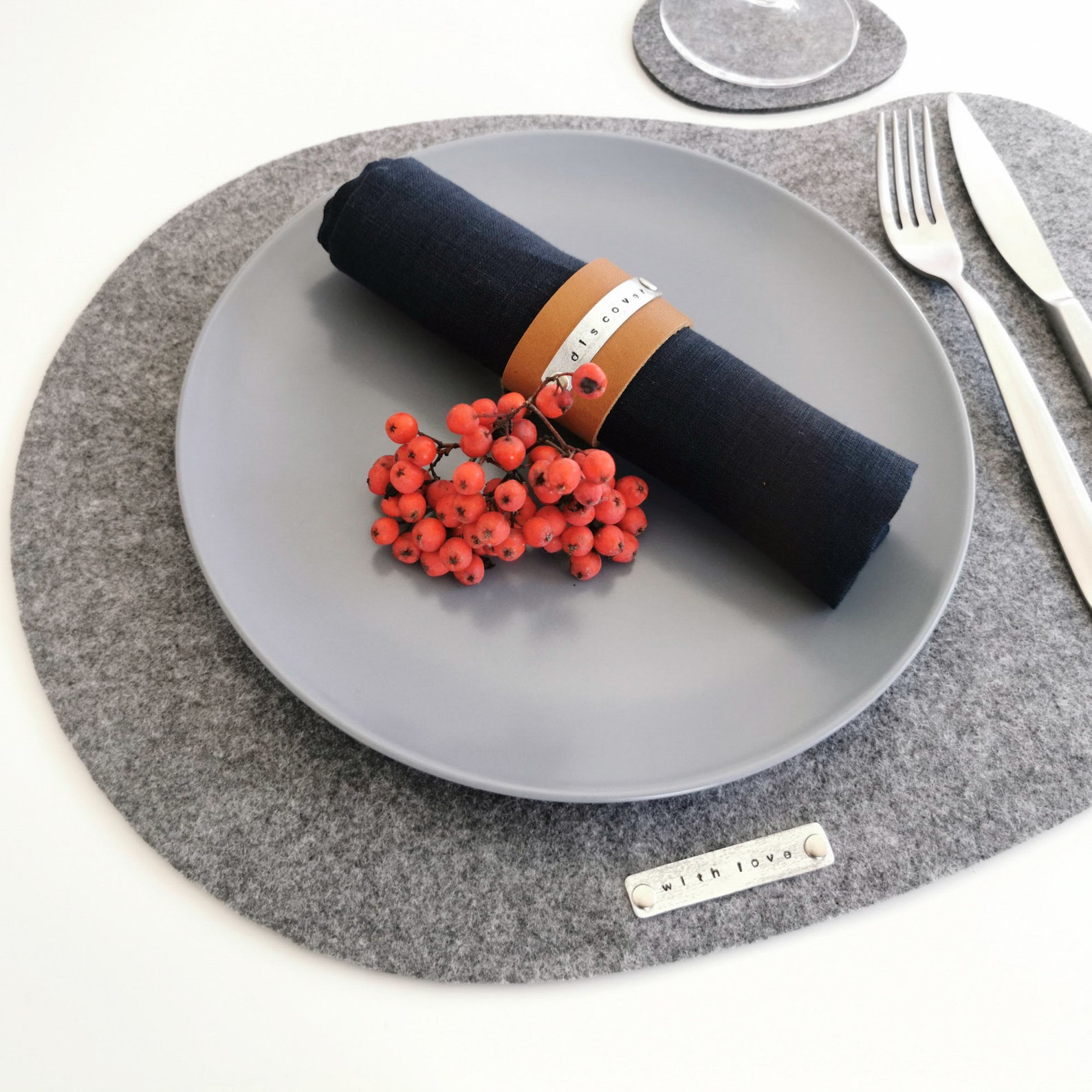 Gray Felt Irregular Oval Placemats and Coasters set for 2, Modern ...