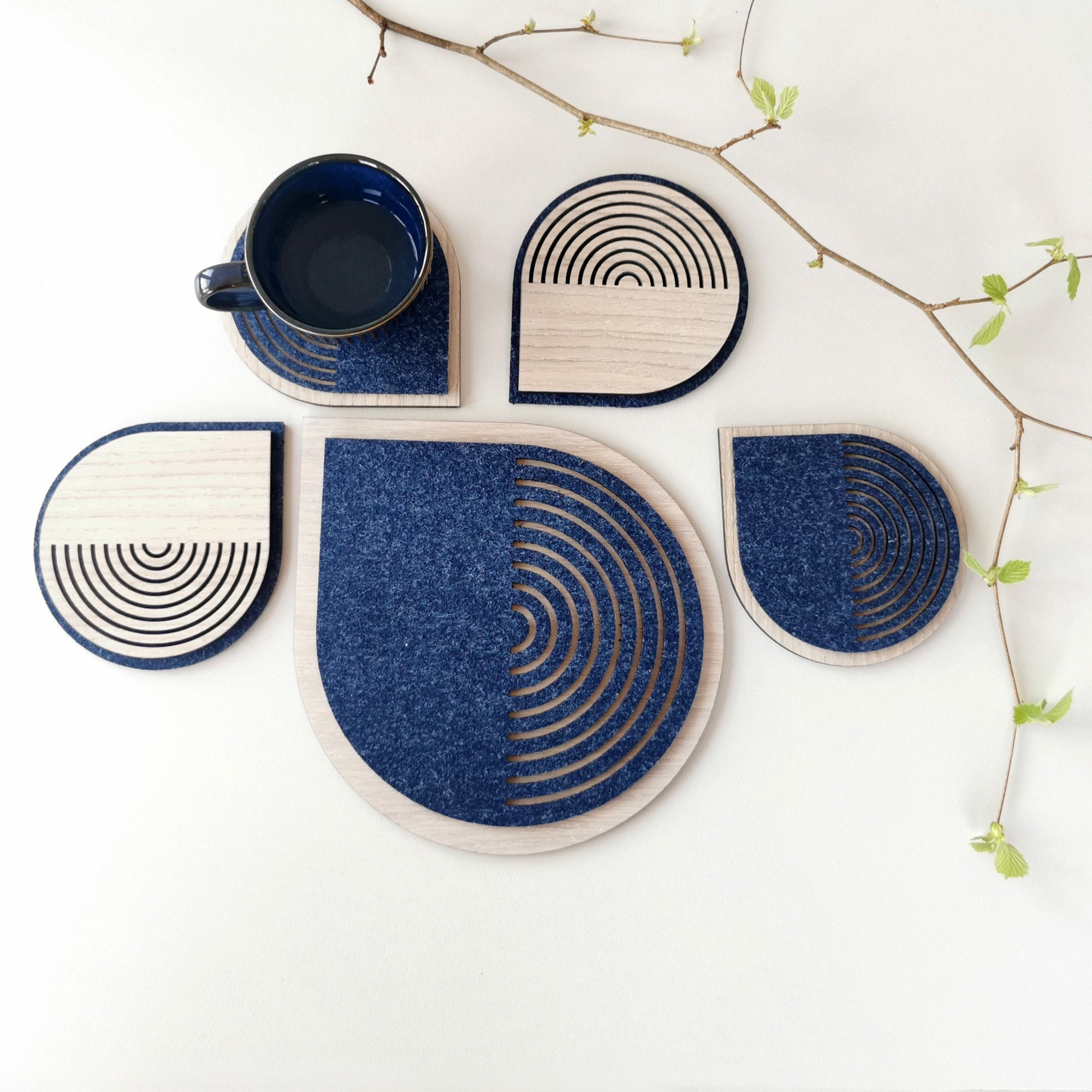 Modern Indigo Blue Wooden Coasters Set Decorative Drink - Etsy