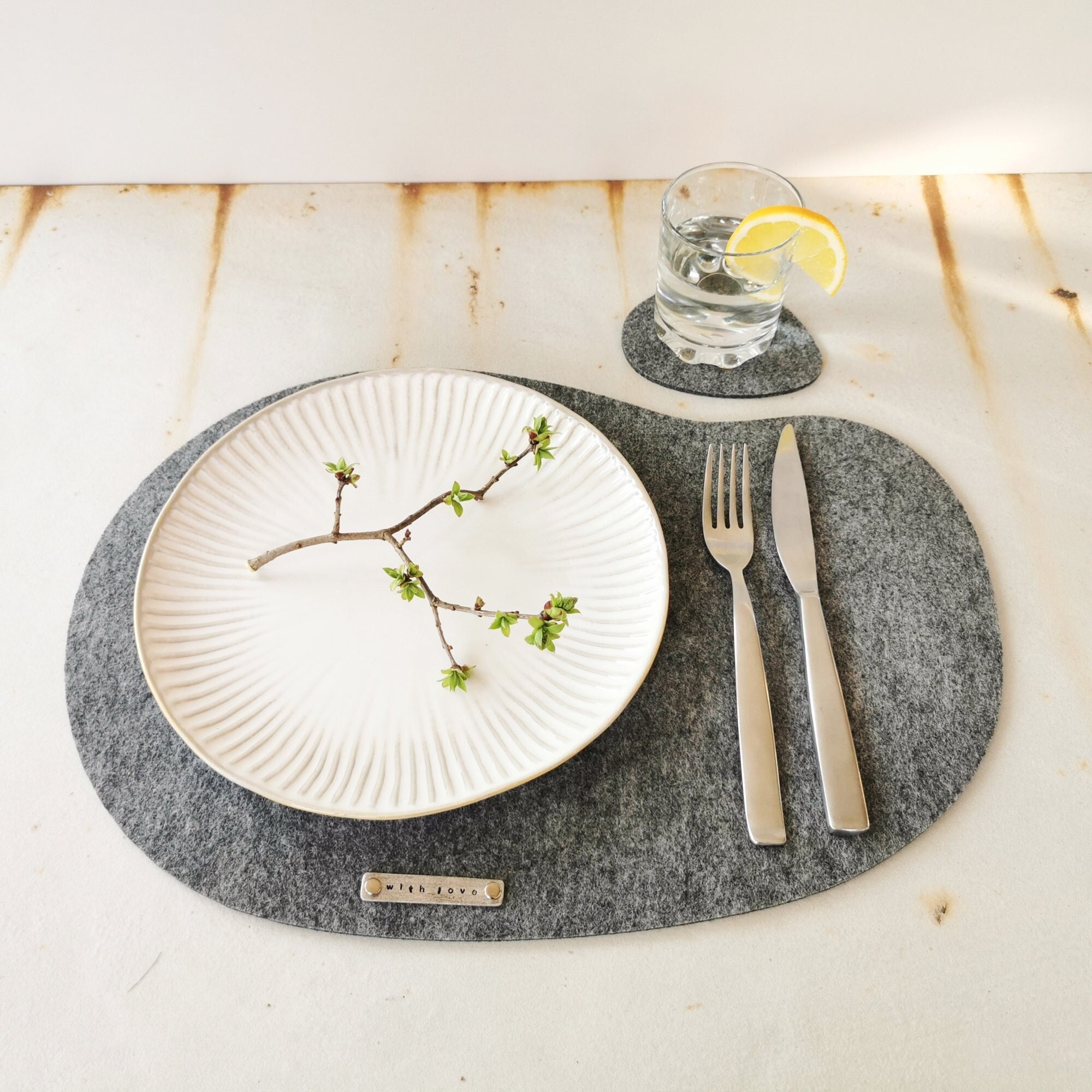 Gray Felt Irregular Oval Placemats and Coasters set for 2, Modern ...