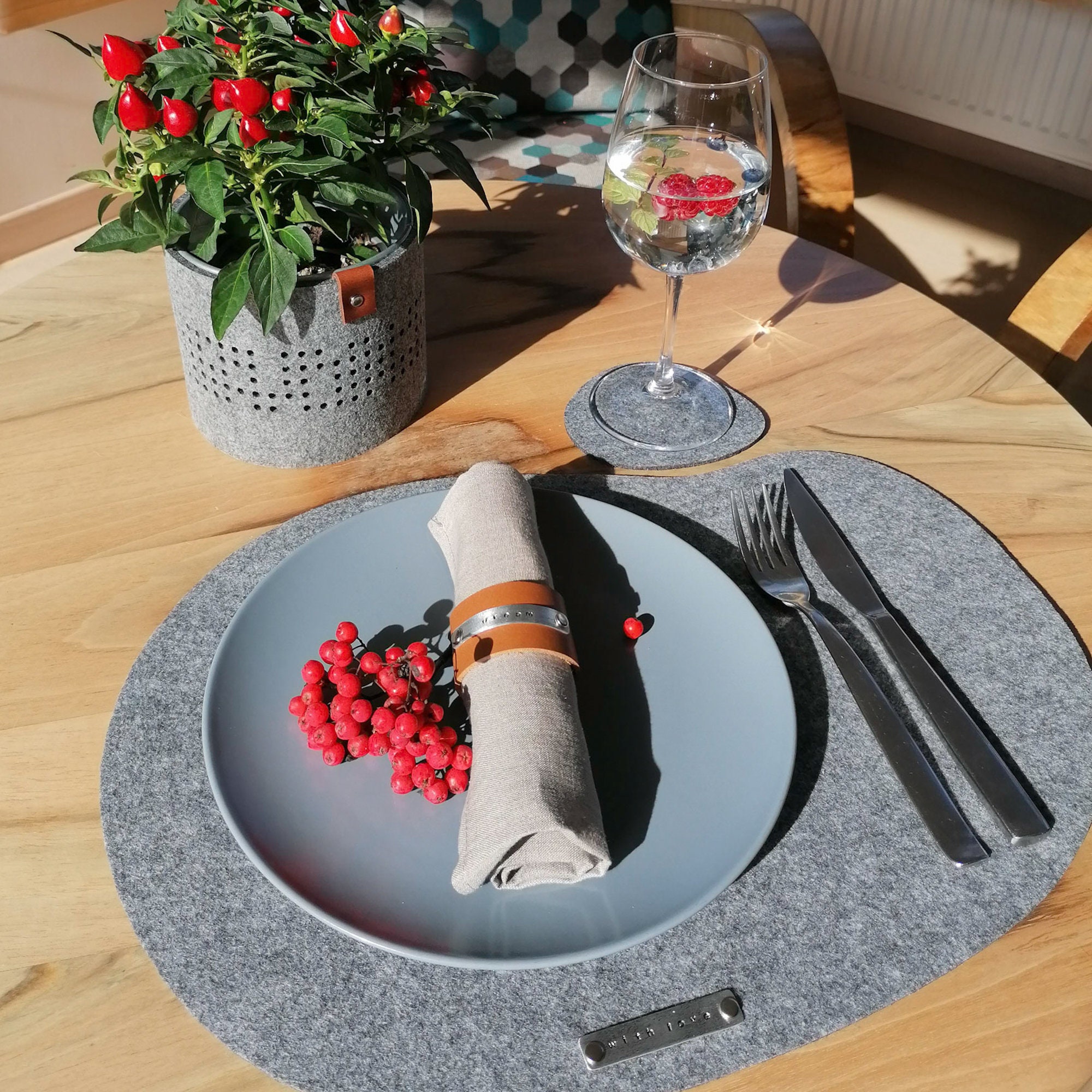 Gray Felt Irregular Oval Placemats and Coasters set for 2, Modern ...