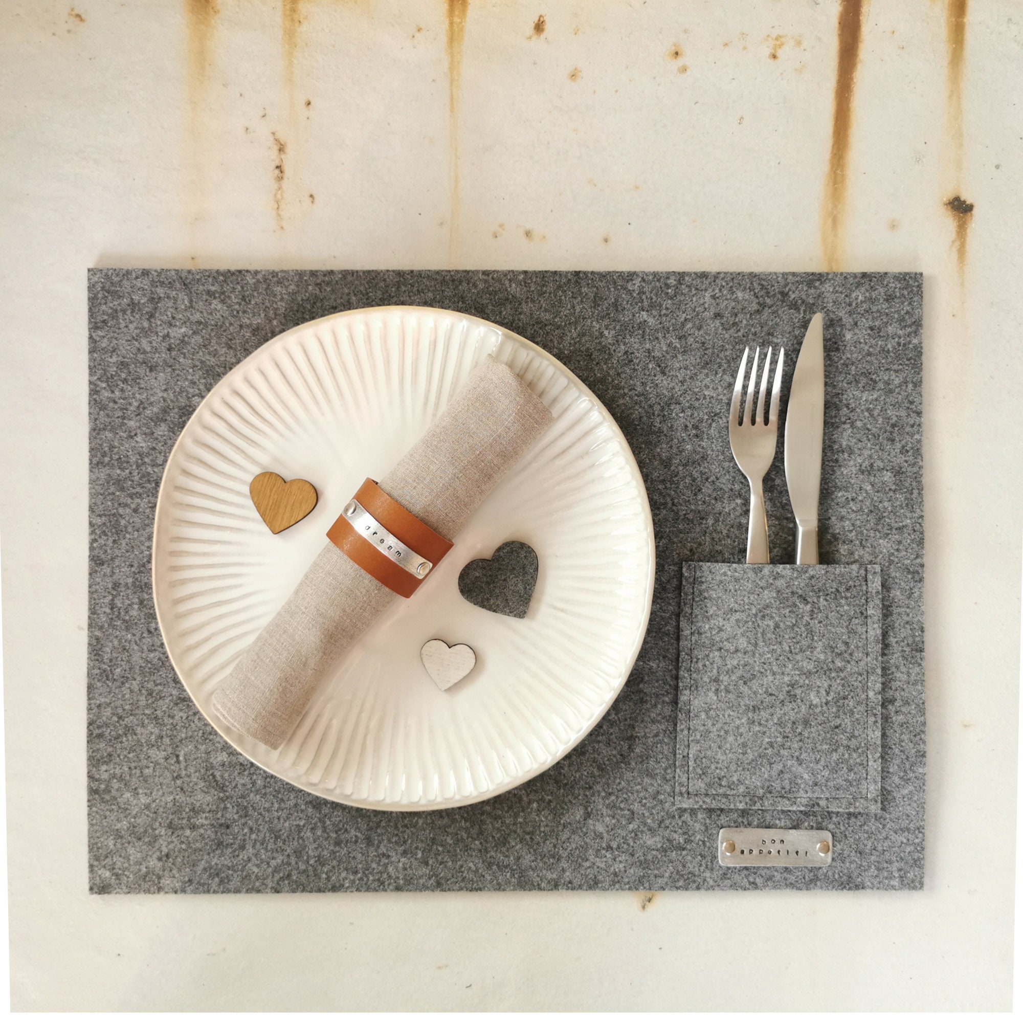 Rectangular Gray Felt Placemats Set of 2, Cutlery Pocket With Wish "bon ...