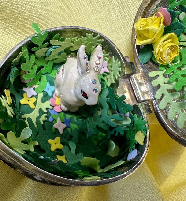 Love Bunny Silver Heart Box With Paper Garden and Jeweled Bunny - Etsy