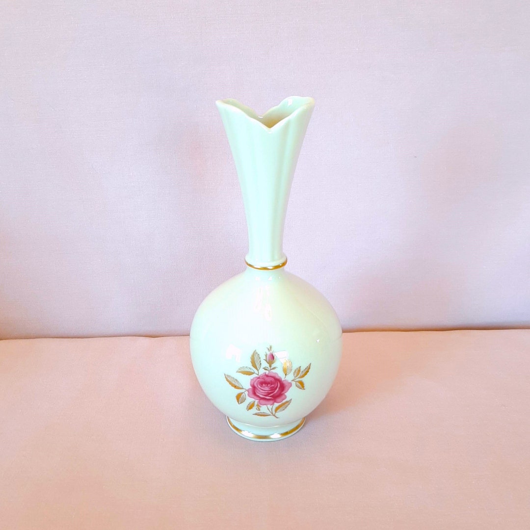 Lenox Bud Vase Bulb Shape Rhodora Rose Motif 24K Gold Trim Made in USA ...
