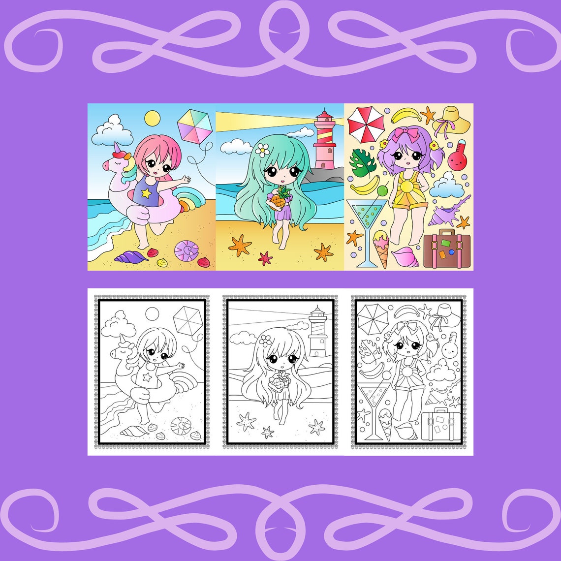 Beach Girl Coloring, Summer Coloring, Beach Coloring, Kawaii Coloring ...