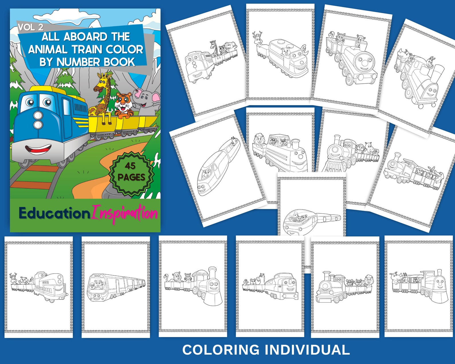 Animal Train Color by Number Coloring, Train Coloring, Animal Coloring ...