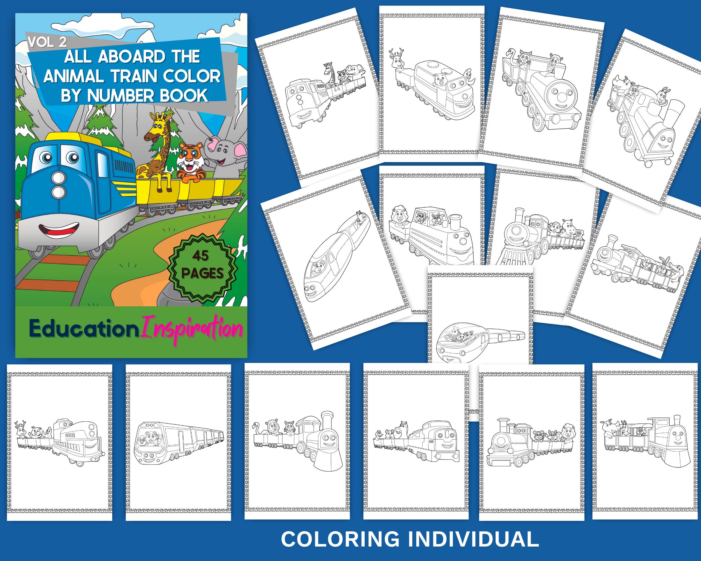 Animal Train Color by Number Coloring, Train Coloring, Animal Coloring ...