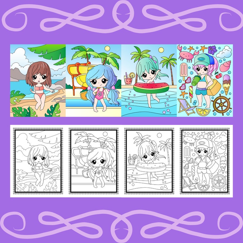 Beach Girl Coloring, Summer Coloring, Beach Coloring, Kawaii Coloring ...