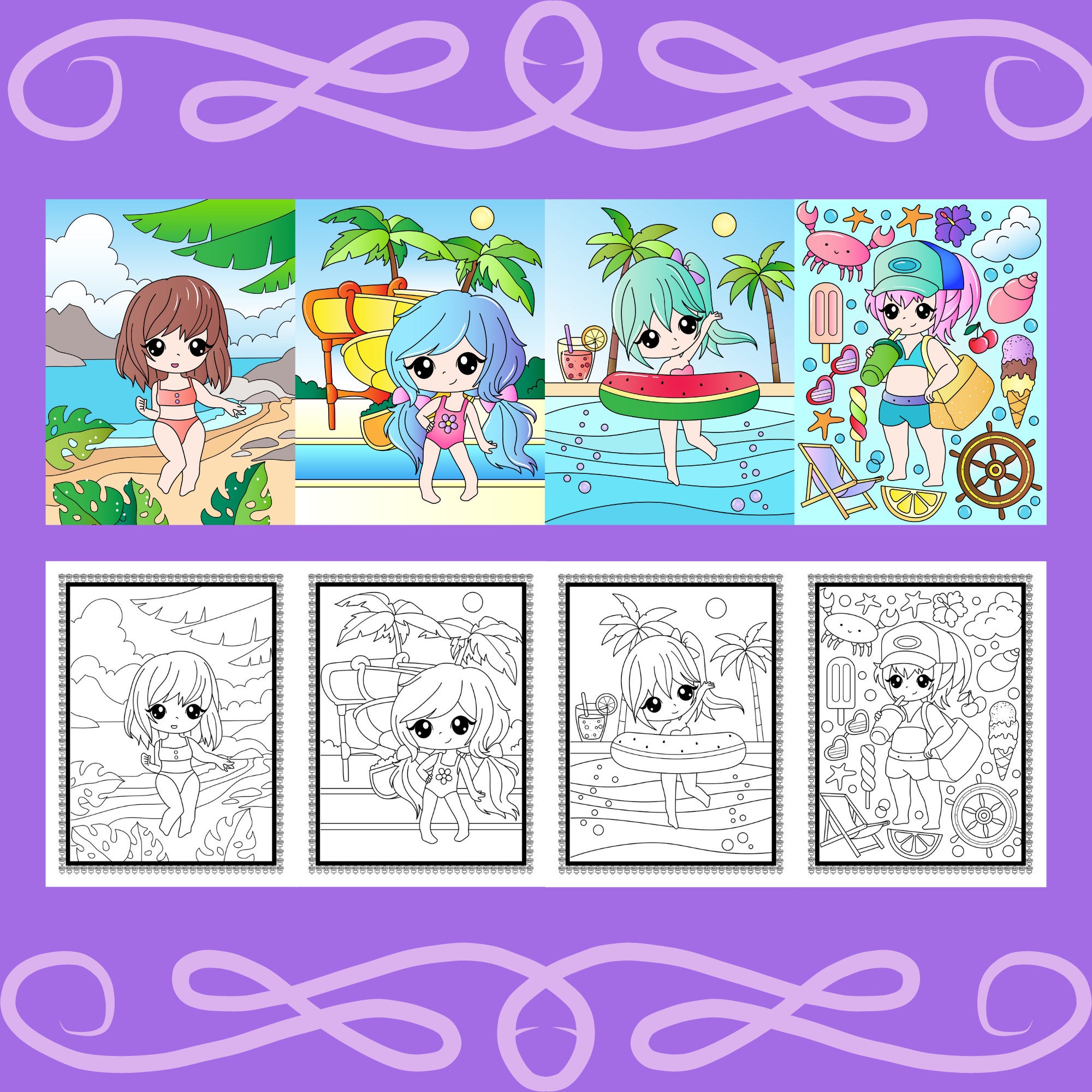 Beach Girl Coloring, Summer Coloring, Beach Coloring, Kawaii Coloring ...