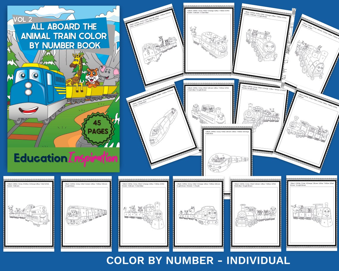 Animal Train Color by Number Coloring, Train Coloring, Animal Coloring ...