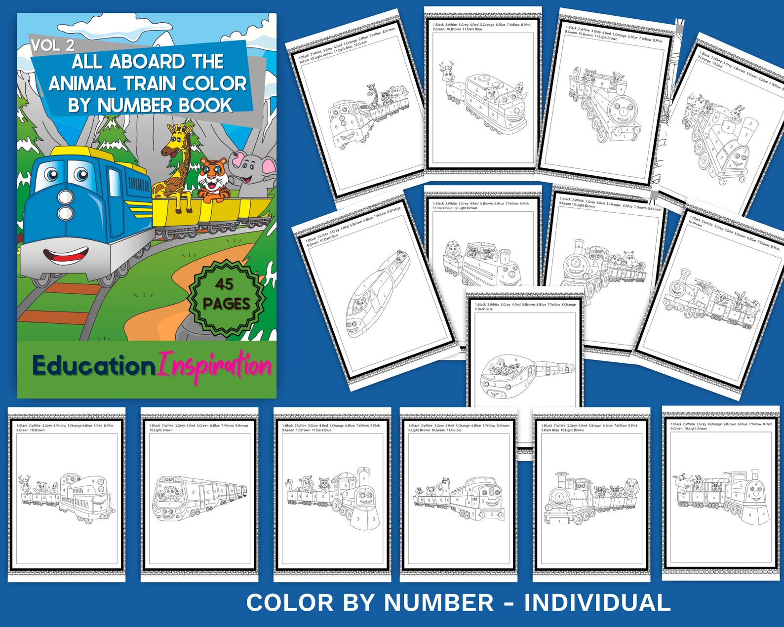 Animal Train Color by Number Coloring, Train Coloring, Animal Coloring ...