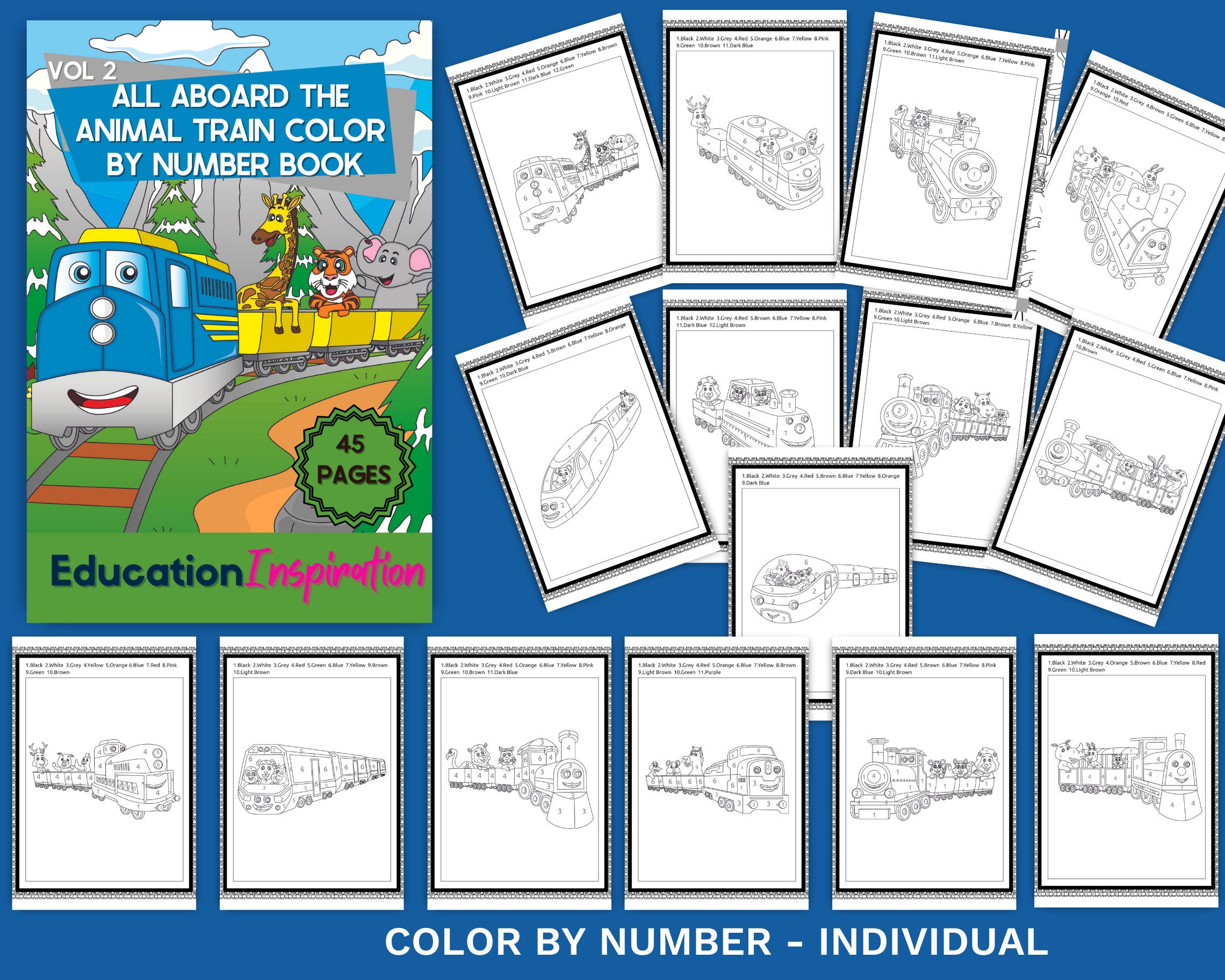 Animal Train Color by Number Coloring, Train Coloring, Animal Coloring ...