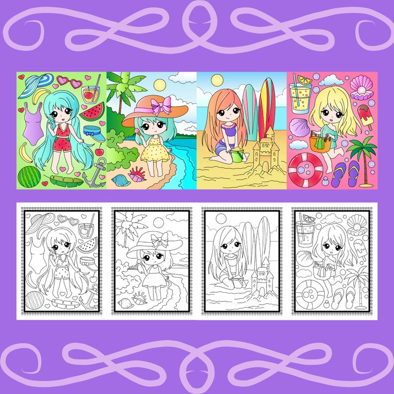 Beach Girl Coloring, Summer Coloring, Beach Coloring, Kawaii Coloring ...